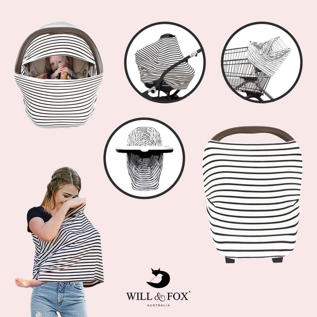Car Seat Cover for Babies - Soft, Stretchy and Breathable Multipurpose Nursing Covers for Breastfeeding - Amazing Gift for New Moms - Modern Stripe - Will and Fox