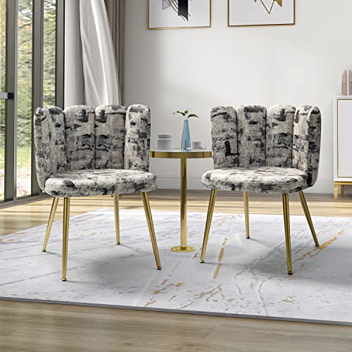 HULALA HOME Modern Dining Chairs Set of 2, Print Living Room Chair with Shell Back and Golden Metal Legs, Comfy Upholstered Cute Accent Chair for Living Room Bedroom Makeup Room Vanity, Grey