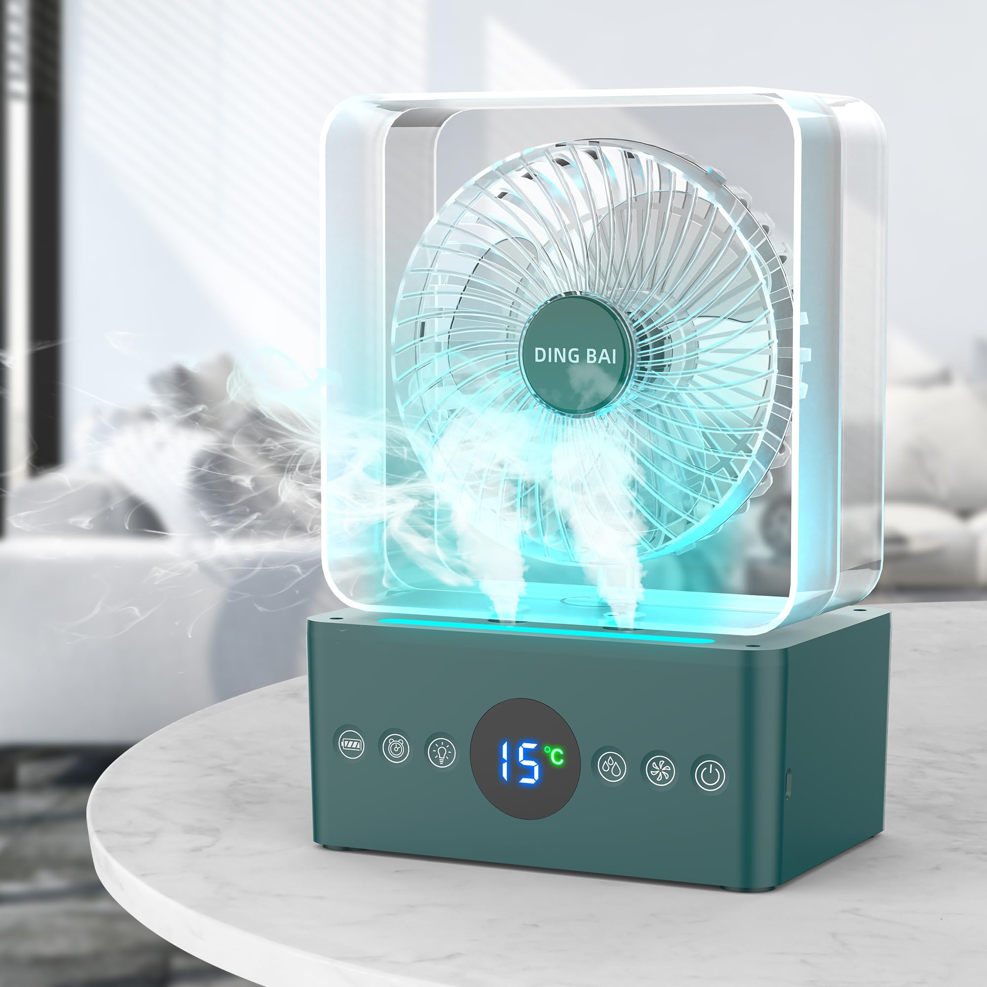 DINGBAI Portable Air Conditioner, Cooling Fan, Portable Air Conditioning Fan, Humidifying Fan, Built-in Battery, Timer, Thermometer, Water Level Monitor, Light Display, Battery Level Display.
