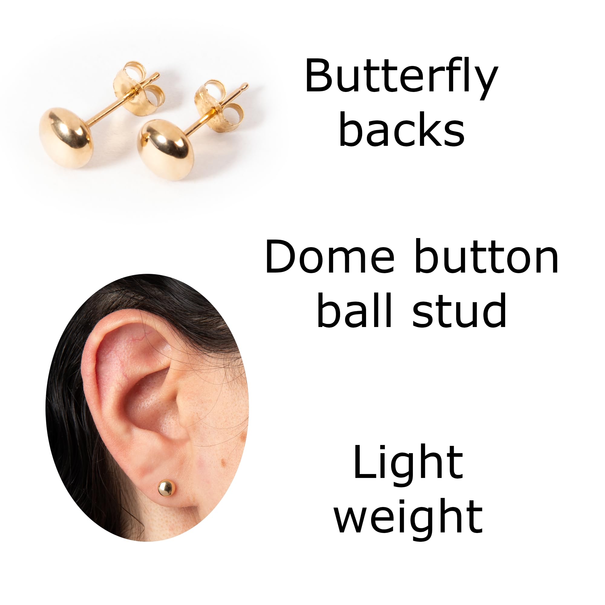 Silver Smile - 14K Solid Yellow Gold Ball Earrings for Women, Light Weight Studs, Attractive Butterfly Back Design, Ideal Gift for Loved Onces, Comes in 3mm/ 4mm/ 5mm/ 6mm/ 7mm/ 8mm