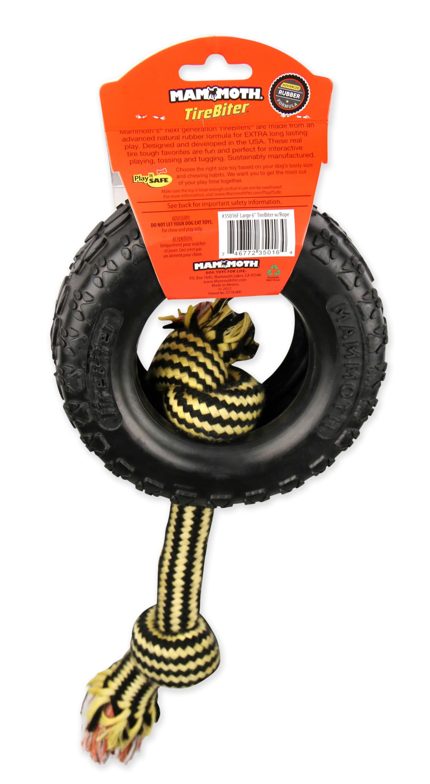 Mammoth TireBiterII with Cotton-Poly Rope – Natural Rubber Dog Toys for Extreme Chewers – Dog Toys for Extra Long Interactive Play – Aggressive Chewer Toys for Medium - Large Dogs - Large 6”