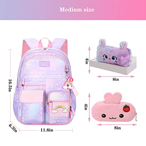 Jcobvig Kawaii Backpack For Girls Kids,Cute Student School Backpack With Pen Bag,Purple Aesthetic Starry Rainbow Laptop Travel Bag (Purple Medium 16.5in