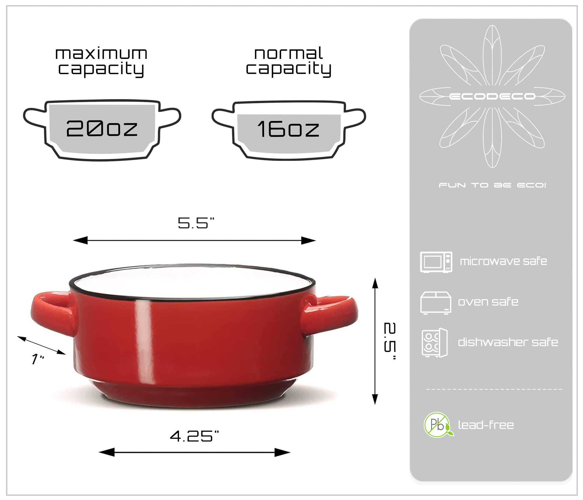 ECODECO Baking Serving Ceramic Red Soup Bowls with Handles - 16 Ounce - Set of 2 - Chowder Bisque Pot Pie Crocks