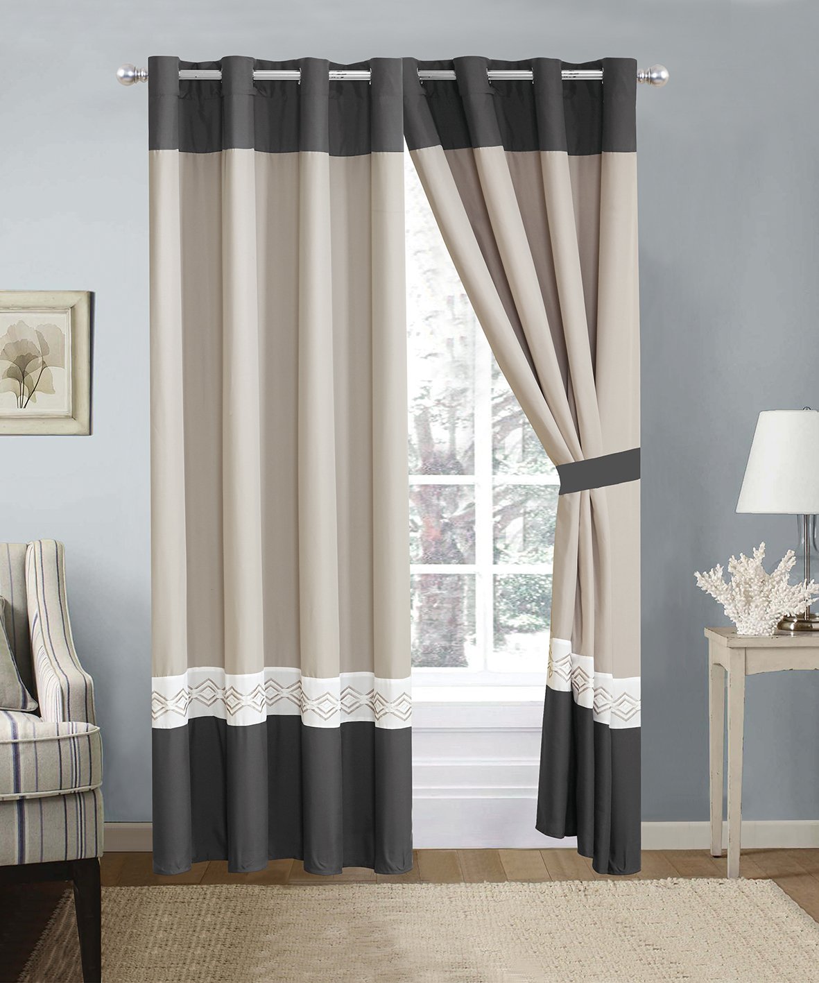 Grand Linen 3 Piece Queen Size Dark Grey/Grey/Gray Double-Needle Stitch Puckered Pinch Pleat-Embroidered Duvet Cover Set