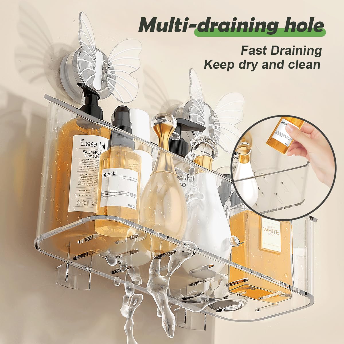 Eirunyx Clear Shower Caddy Suction Cup,No-Drill Clear Wall Caddy,Bathroom Shower Shelves Removable Shower Basket Strong Suction Shower Organizer Shower Rack