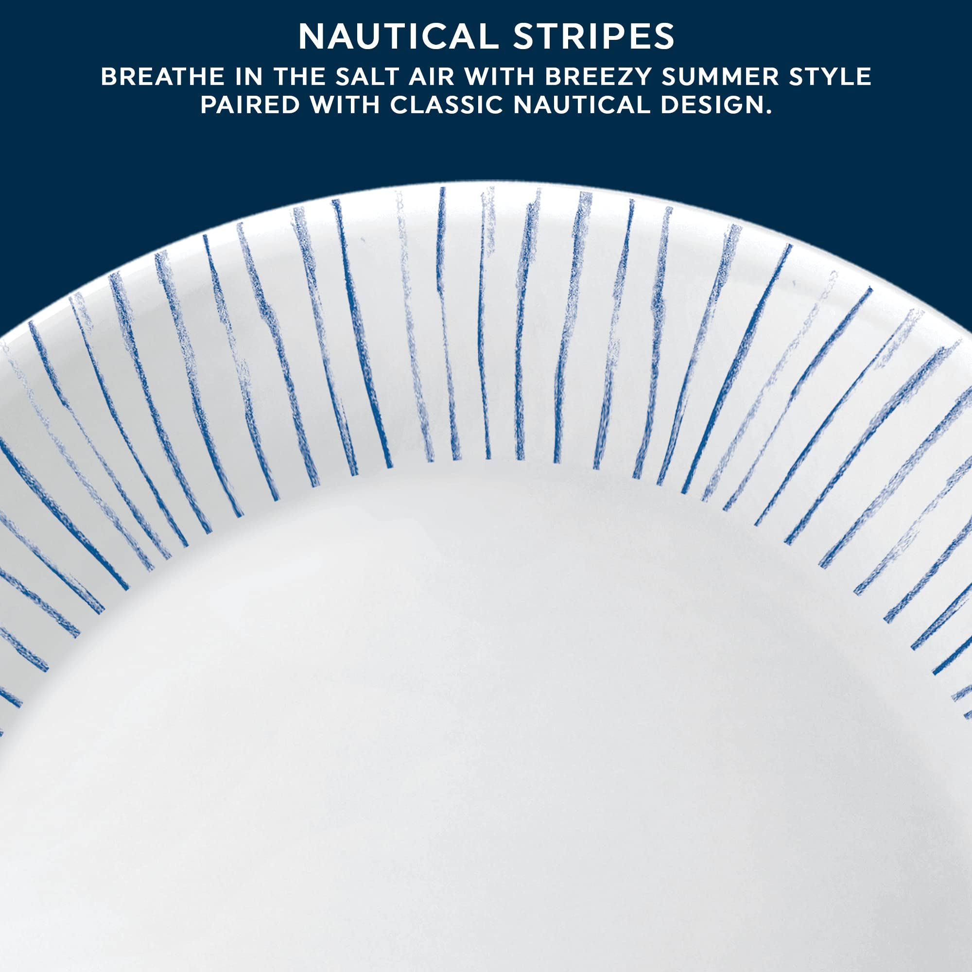 Corelle 18-Piece Dinnerware Set, Service for 6, Lightweight Round Plates and Bowls Set, Vitrelle Triple Layer Glass, Chip Resistant, Microwave and Dishwasher Safe, Nautical Stripes
