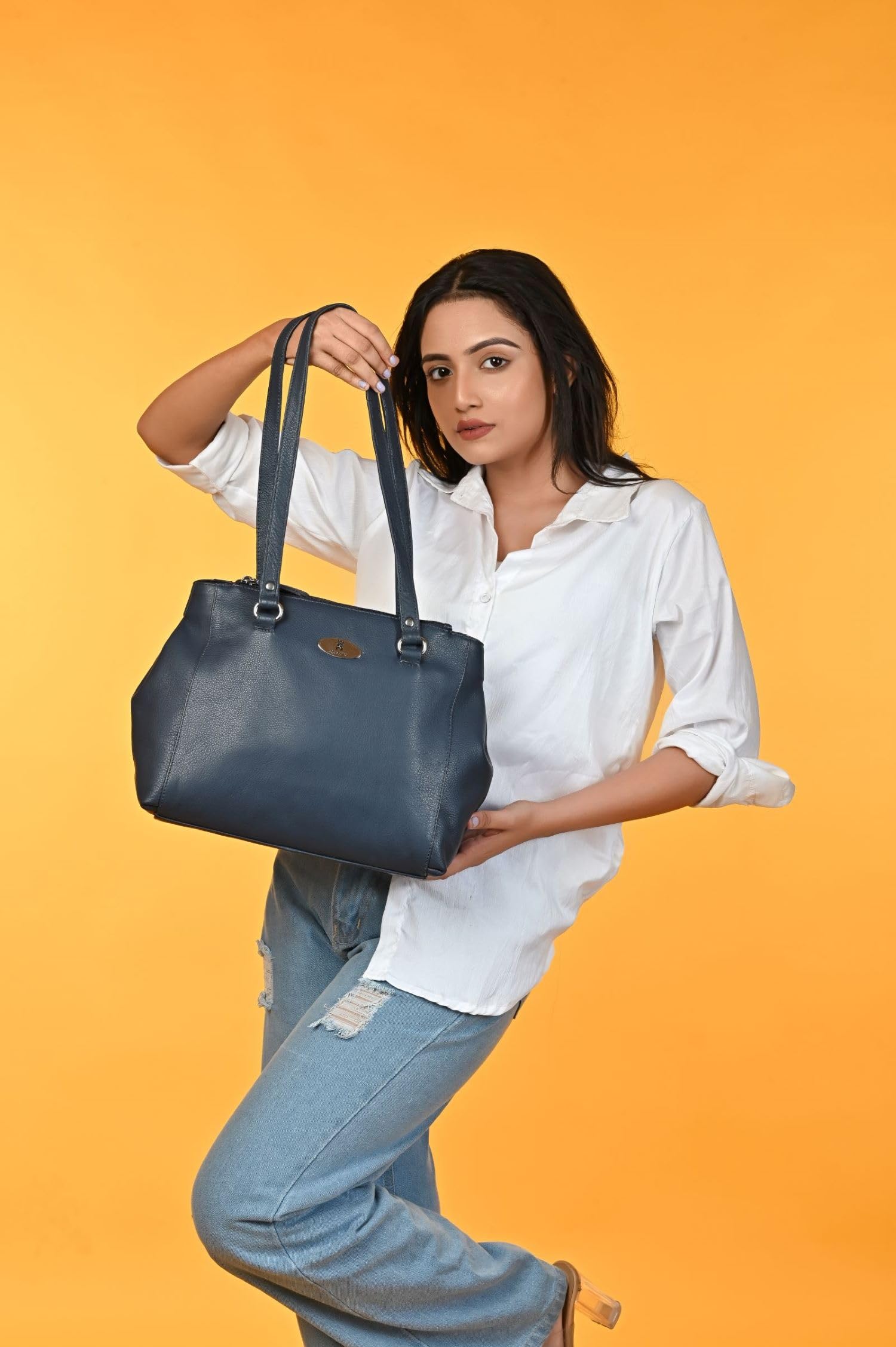 ROLANDO Rose Women's Top-Handle Leather Handbag (Navy Blue)