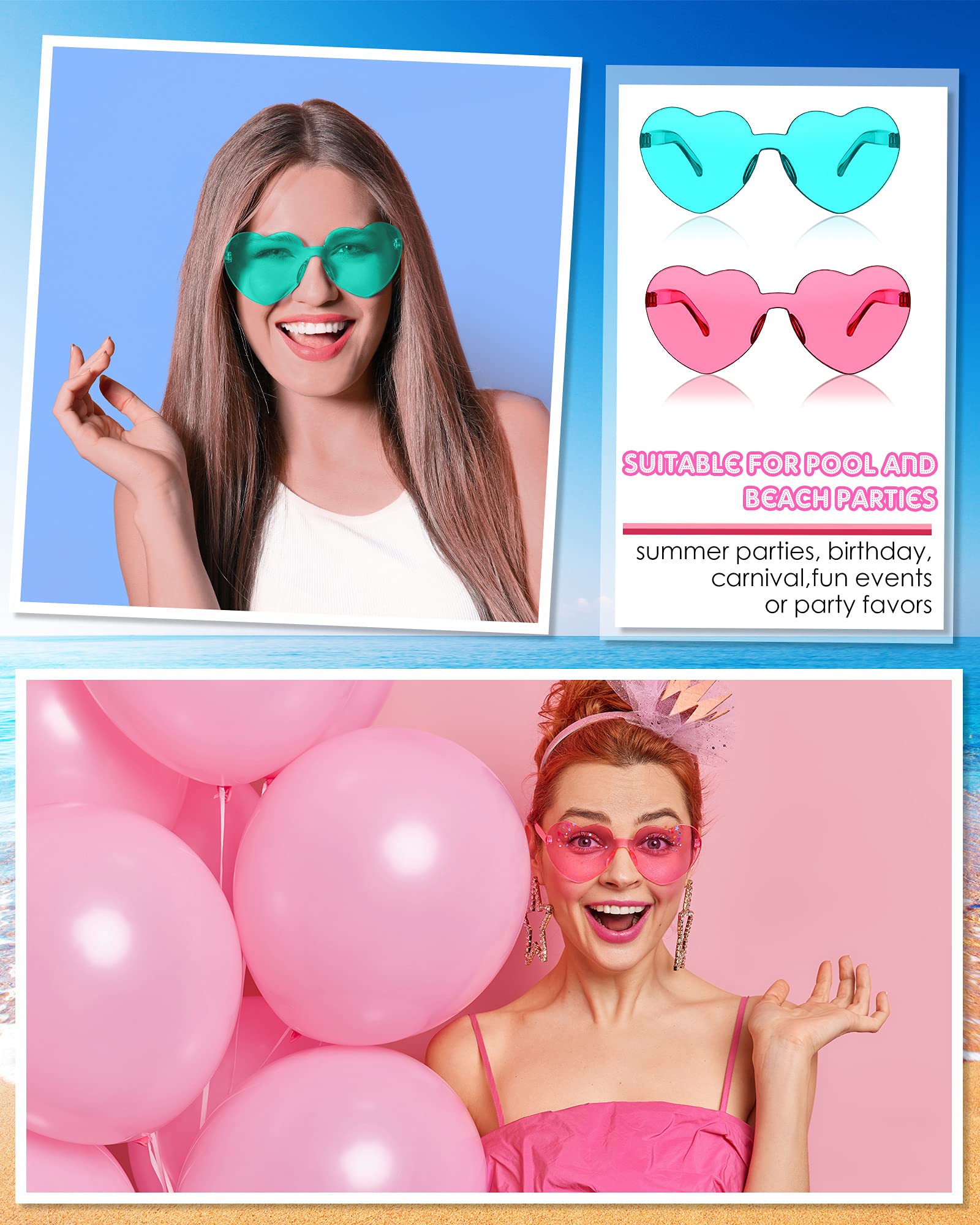 Colzzy 24 Pair Heart Shaped Rimless Sunglasses Transparent Candy Color Frameless Glasses Tinted Eyewear(Retro Colors)