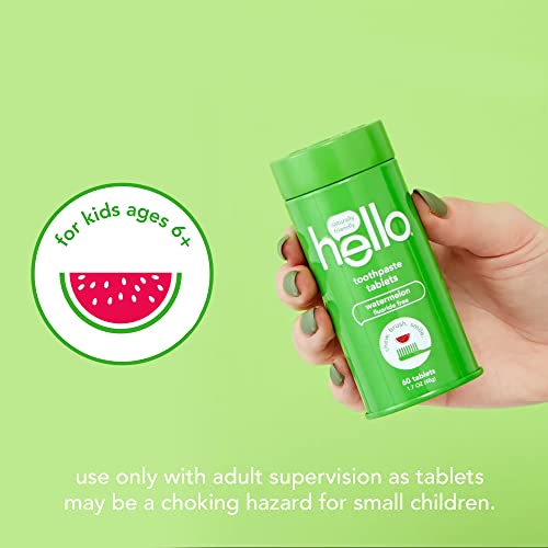 hello Kids Watermelon Eco Friendly, Travel Toothpaste, Natural Watermelon Flavor, Fluoride Free, Plastic-Free, TSA Compliant, Vegan, SLS Free, 60 Tablets