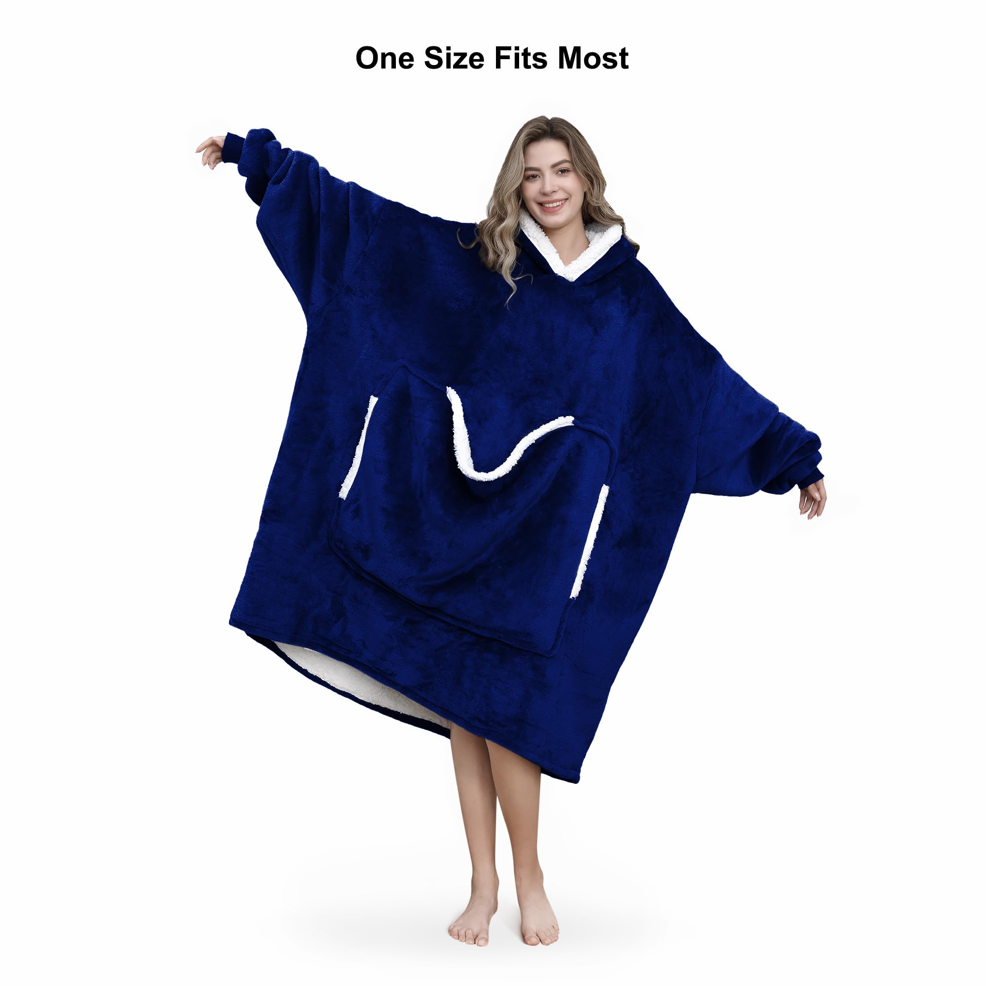 Convend Oversized Wearable Blanket Hoodie with Giant Pocket (Pet Favorites),Blanket Sweatshirt for Women and Men,Thick Flannel Blanket with Sleeves (Navy)