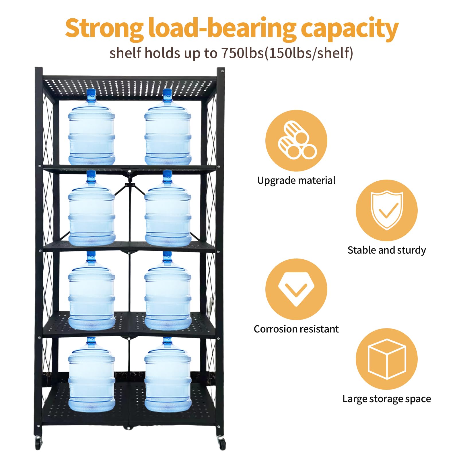 ExGizmo Storage Shelves,5-Shelf Foldable Metal Garage Shelveing with 4 Wheels,Large Capacity Shelving Unit,No Assembly Organizer Rack,Movable Storage Rack for Room,Kitchen,Grocery Room (Black)