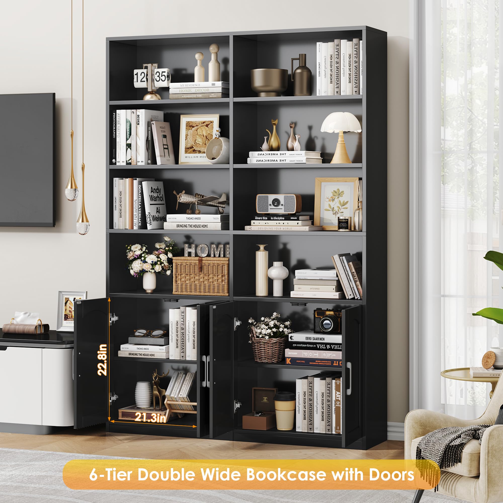 FACBOTALL Bookshelf and Bookcase with Doors, 6 Tier Double Wide Large Bookshelves, Open Display Shelves, 73'' Tall Bookcases for Home Office, Living Room, Library, Black