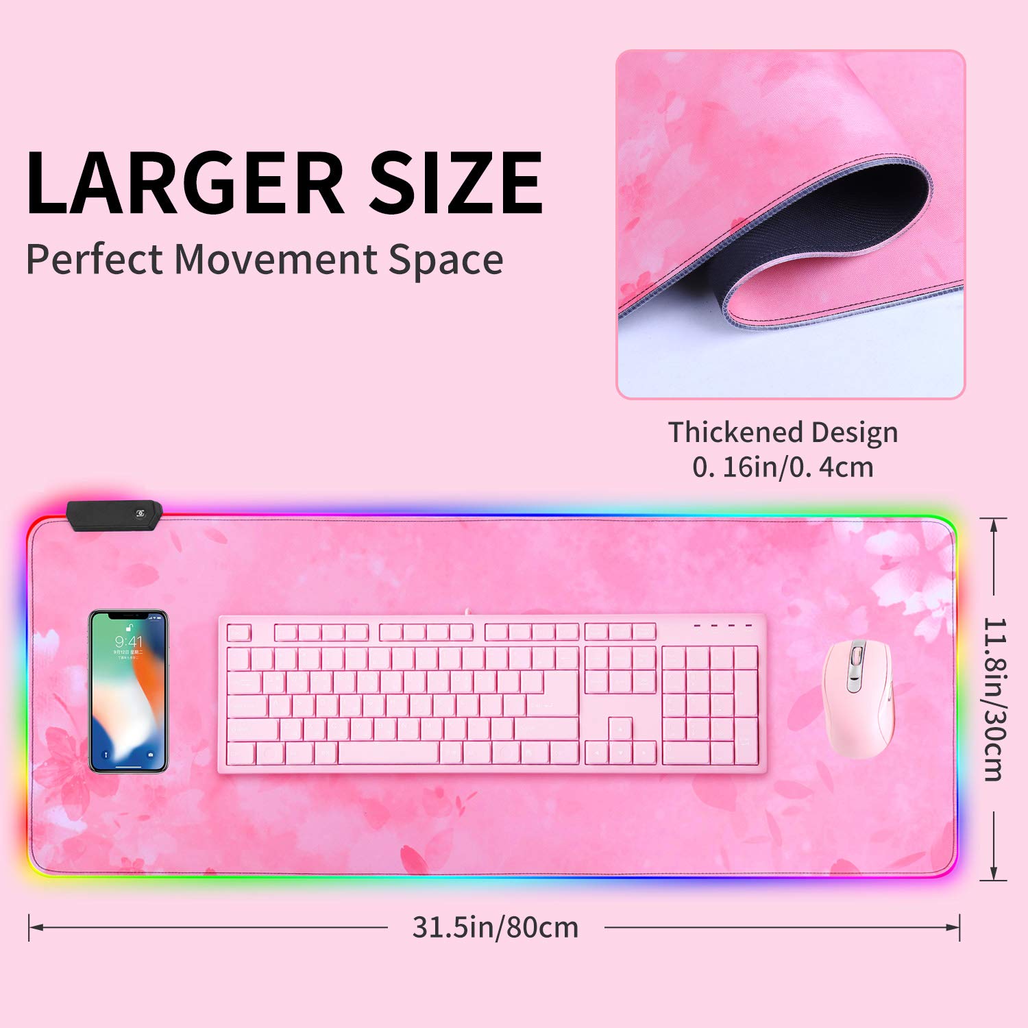 RGB Gaming Mouse Pad, Large Led Mouse Pad with 12 Lighting Modes, Gaming Keyboard Non-Slip Rubber Base PC Gaming Desk Pad,High-Performance Pad Optimized for Gamer,31.5x11.8 inch (Pink)