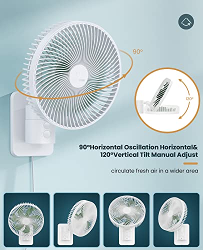 LEMOISTAR 8 Inch Small Wall Mounted Fan with Remote Control,AC/DC(12V), 90°Oscillating, 4 Speeds, Timer, Adjustable Tilt, 70-Inches Cord Ultra Quiet, for Home Office Bedroom Garage RV Camping-White