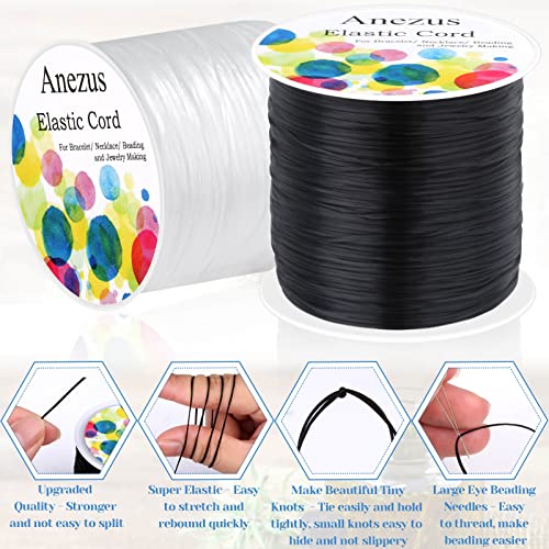 Stretchy String for Bracelets, Anezus 2Pcs Elastic String Jewelry Bead Cord with Large Eye Beading Needles for Seed Beads, Pony Beads, Clay Beads, Bracelet, Necklace and Jewelry Making, Black & White