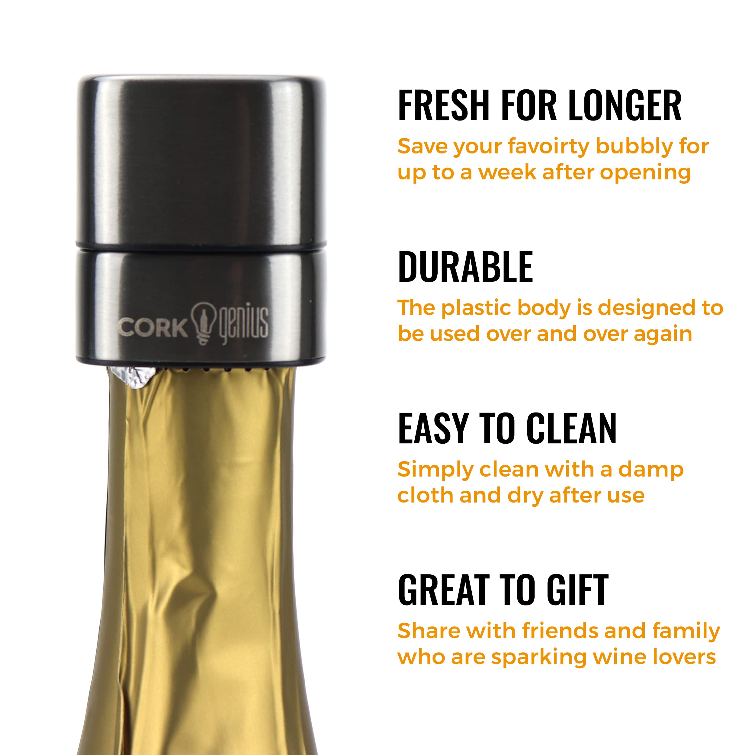 Cork Genius Champagne Stopper for Bottles, Silicone Sealed Champagne Bottle Stopper, Leakproof Sparkling Wine, Prosecco, or Champagne Saver and Sealer, Gift Accessory for Champagne