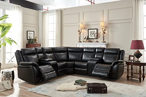 Elountik Symmetrical Power Reclining Sectional Sofa with LED Strip, Storage Console, Cup Holders with Built-in USB Charging Port; Home Theater Power Reclining Sofa Couch (Power Reclining Black)