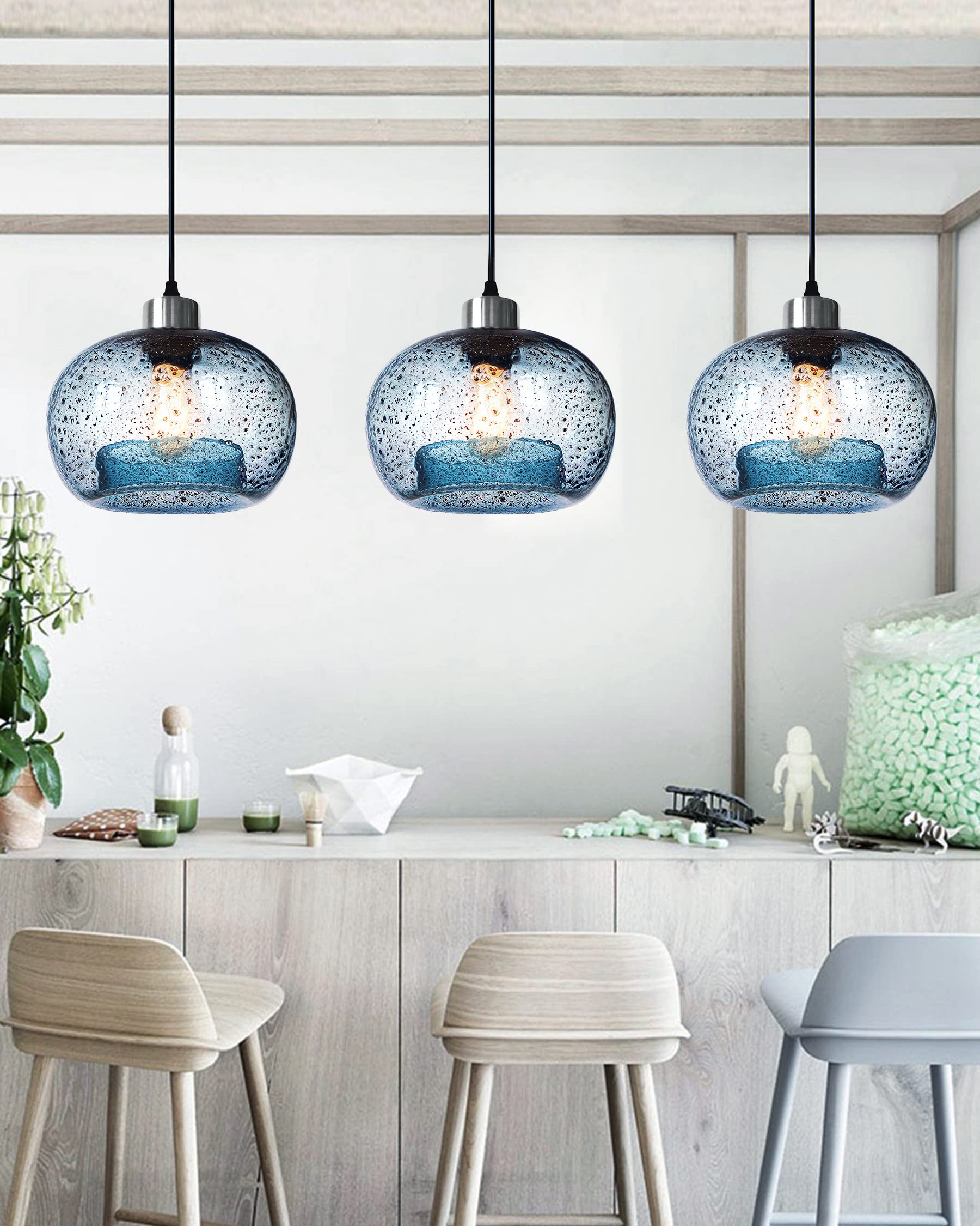 CASAMOTION Pendant Lighting Kitchen Island Table Hand Blown Glass Light Fixtures Marble Blue Color Modern Farmhouse Style Ceiling Hanging Dining Room Brushed Nickel 9 Inch Diam 2 Pack