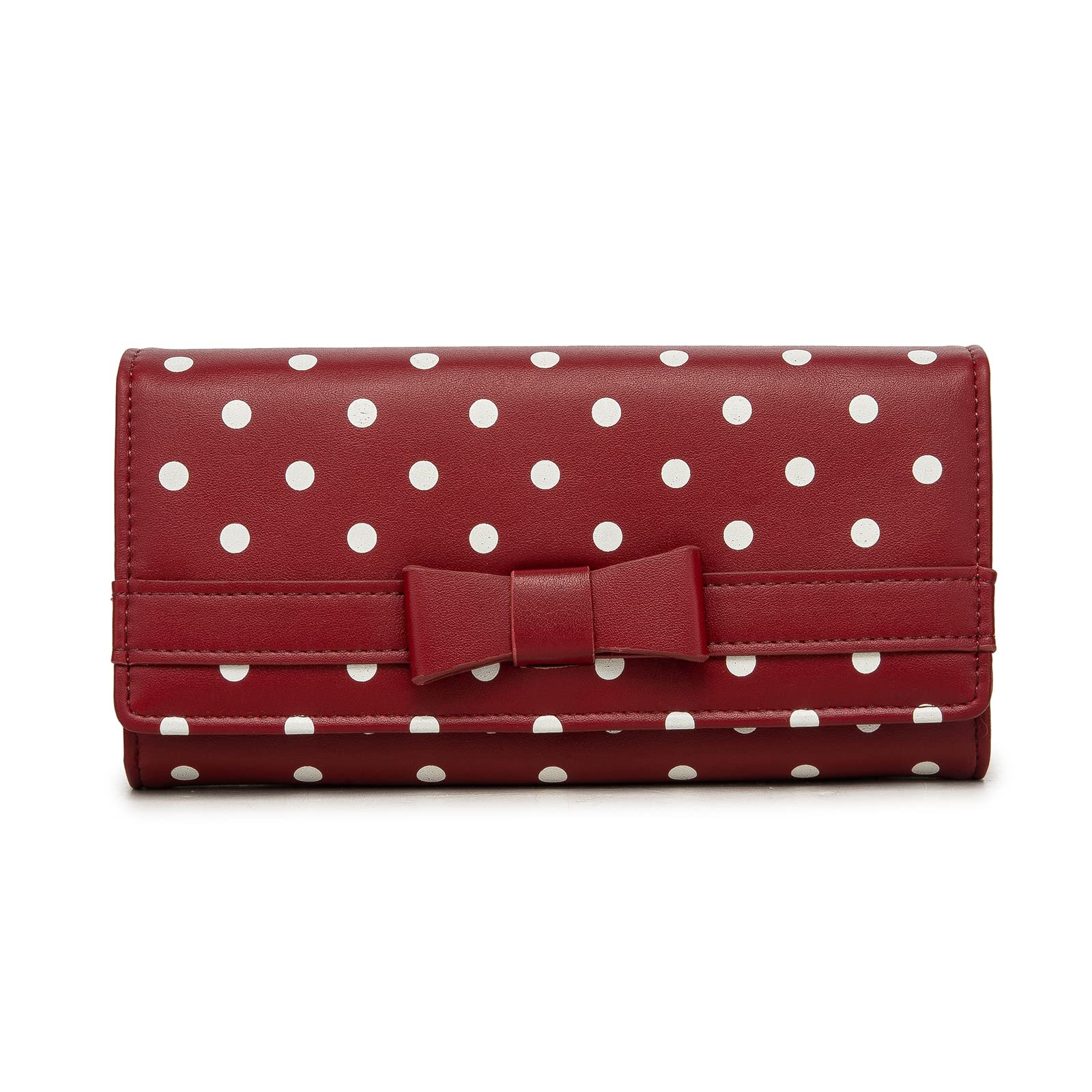 ROYALFAIR Polka Dot Wallet for Women, PU Leather Lady Purse with Cute Bowtie Card Holder Money Manager with ID Window (White Dots in Red)