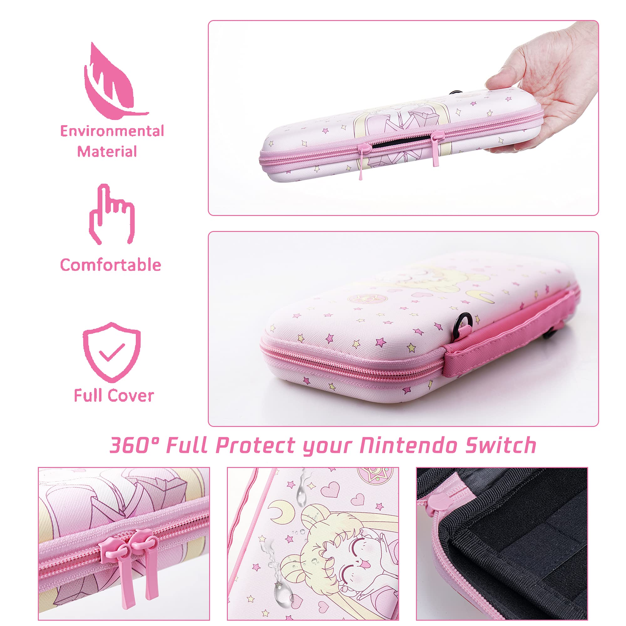 RHOTALL Case Compatible with Nintendo Switch & Switch OLED Carrying Case 2 in 1 Shoulder & Hand Strap, Protective Hard Portable Travel Carry Case Shell Pouch for Switch Accessories (Moon Pink)