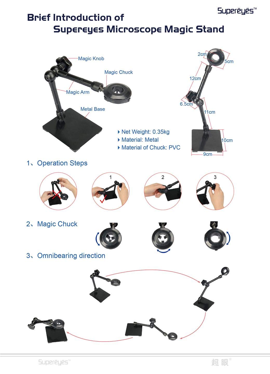 Supereyes Z004 Magic Universal Adjustable Stand for Handheld Digital Microscope Magnifer Endoscope Otoscope Loupe