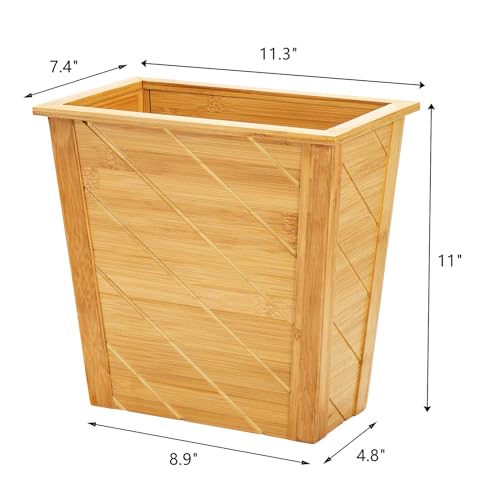 Frcctre Bamboo Waste Basket, Rectangular Compact Waste Trash Can Waste Bin Garbage Built-in Handles Brown Container Bin for Bedroom, Office, Living Room, Kitchen, Bathroom, 11.3"x6.75"x11"