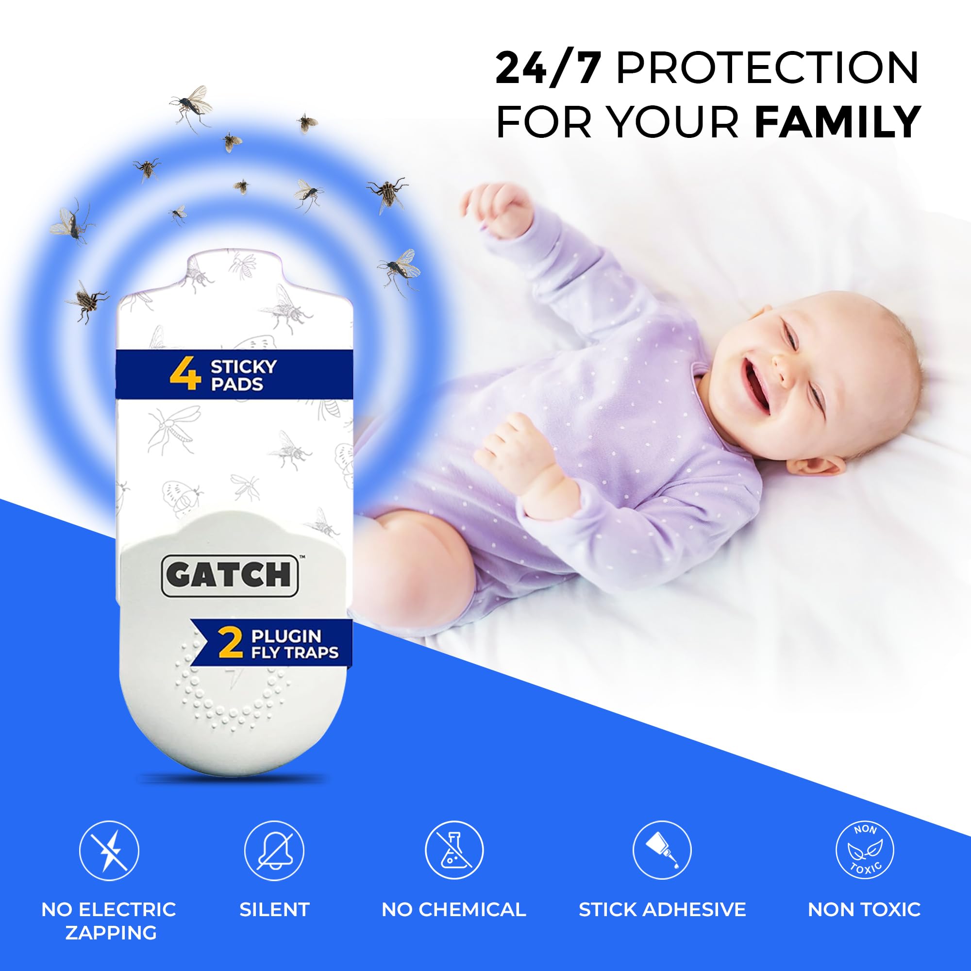 GATCH Flying Insect Trap Mosquito Killer Indoor, Fruit Fly Trap (2 Plug-in Bases + 4 Sticky Pads) Gnat Moth Catcher Fly Tapper with Night Light UV Attractant Catcher for Home Office White