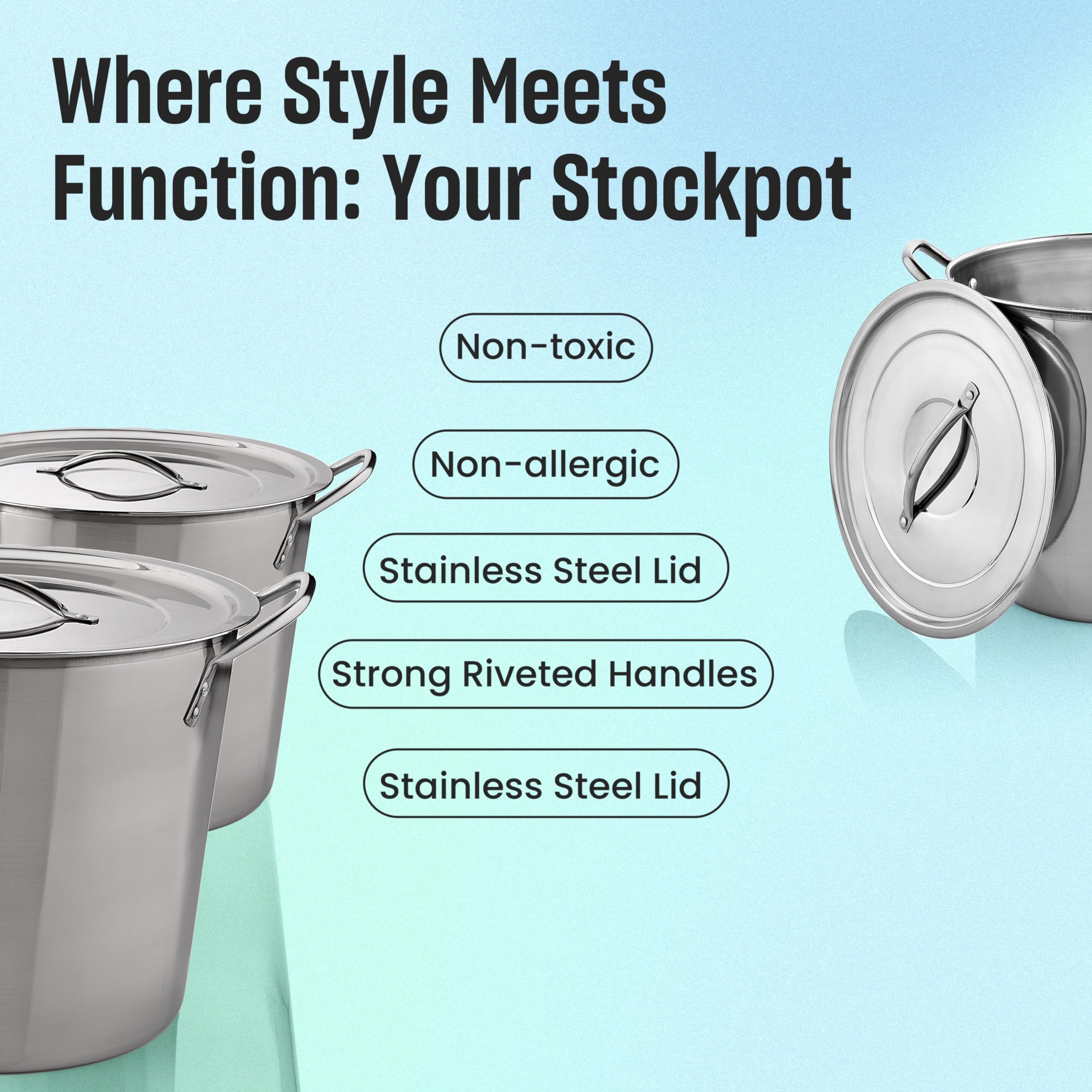 MARBELLA 6 pcs set (6/8/12) Quart Stainless Steel Stockpot with Lid Food Grade Heavy Duty Multipurpose Stock Pot for Stew, Simmering, Soup Pot, Gas and Dishwasher Safe Rust Free Cookware Silver