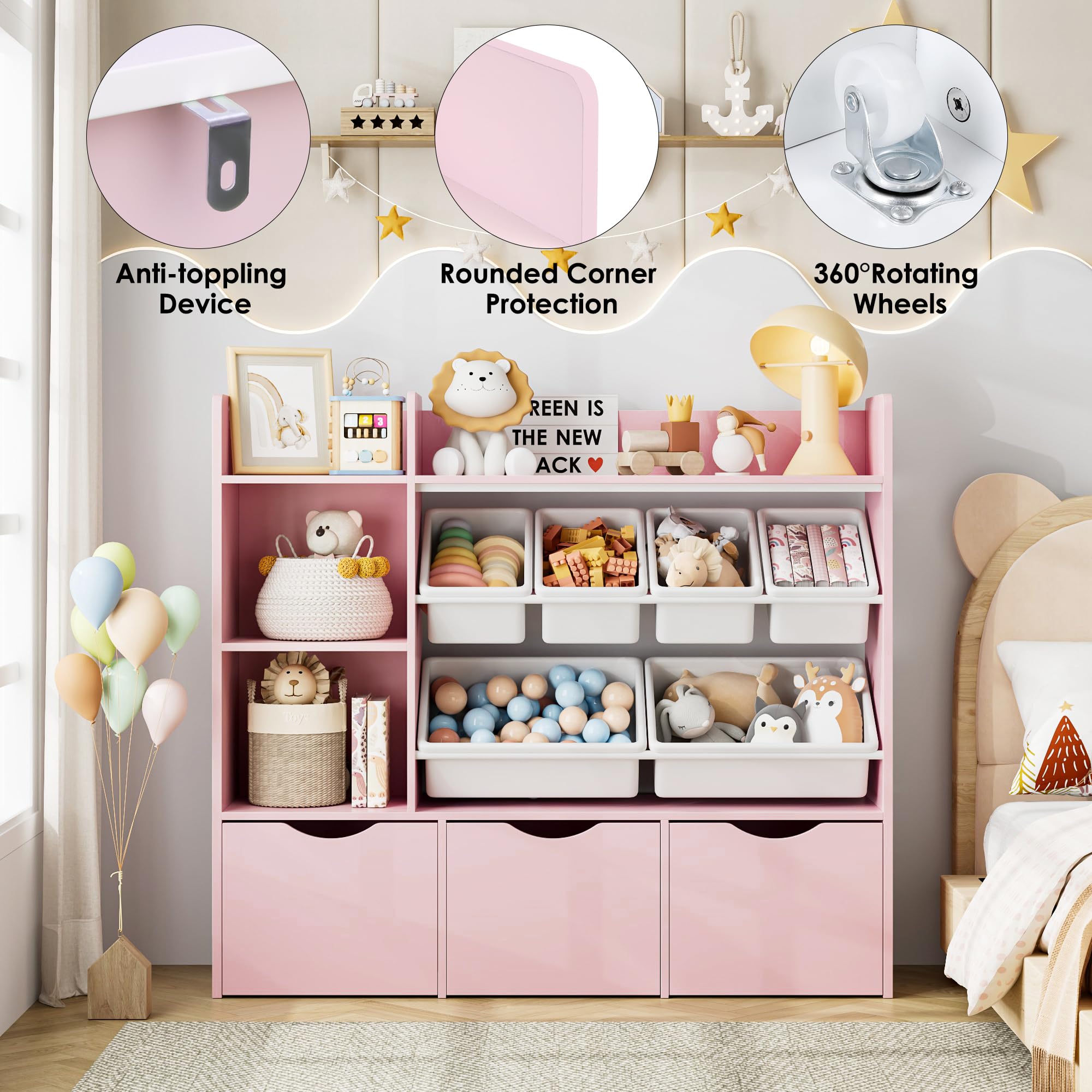 FACBOTALL Toy Storage Organizer with 3 Movable Drawers, Bookshelf and Bookcase with 6 Plastic Bins & 2 Storage Cubbies, Toy Chest with Hidden Wheels, Toy Storage Box for Playroom, School, White