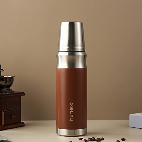 Murmioo travel vacuum flask,stainless steel insulated bottle, built-in cap cup, cold for 24 hours, heat for 12 hours, BPA Free leak proof, sweat free 17oz/500ml Brown