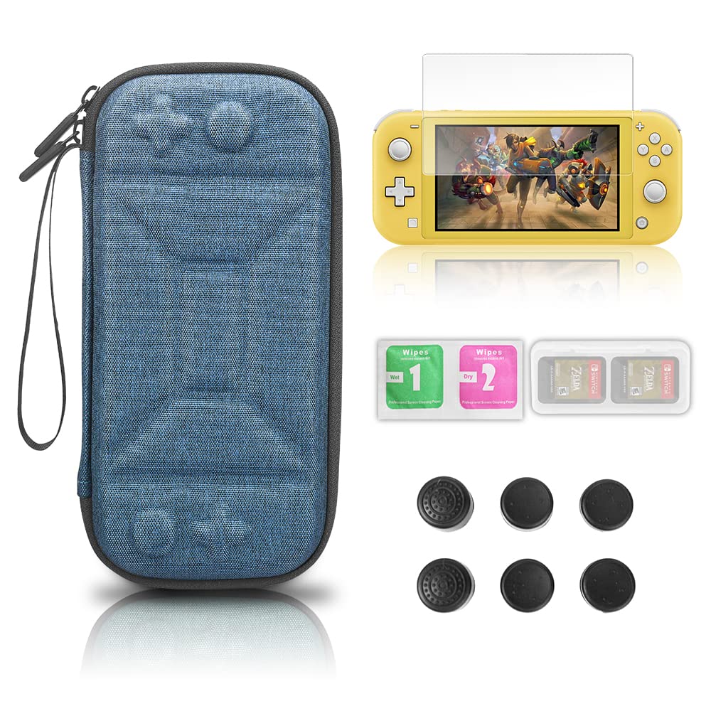 Carrying Case Bag for Nintendo Switch Lite, Slim Protective Hard Portable Travel Carry Case Shell Pouch with Tempered Glass Screen Protector, Game Cards Holders & Case, Joystick Caps