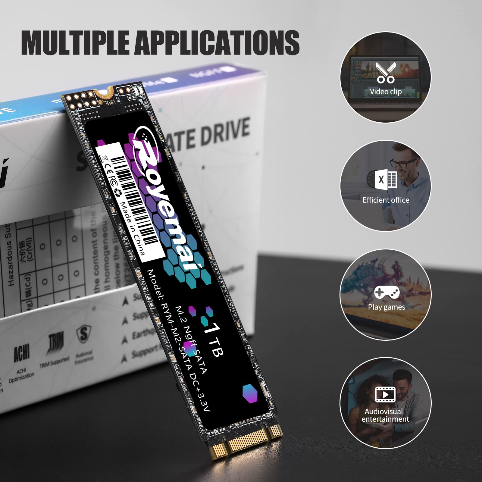 D DUOMEIQI 1TB M.2 Ngff SATA SSD 2280 SATA III 6Gb/s Internal Solid State Drive, 3D NAND TLC (Read/Write Speed up to 520/460 MB/s), 1TB SSD Compatible with Laptop and PC Desktop