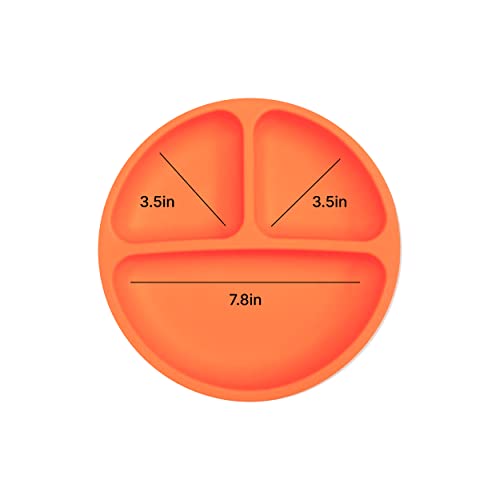 PlusLove Silicone Suction Plate– 100% Silicone Baby Plate, Toddler Plate, Kid Plates, Divided Plate With Suction Feature |Baby Led Weaning Plate| 3 Pack (Orange, Yellow, Teal, With Lids)