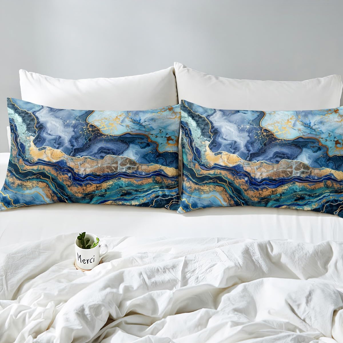 Marble Duvet Cover, 3D Print Grunge Fluid Golden Little Bit Stone Crack Gothic Impressionist Abstract Art Bedding Set, Decorative 3 Piece Comforter Cover With 2 Pillow Shams, Full Size,Teal Blue