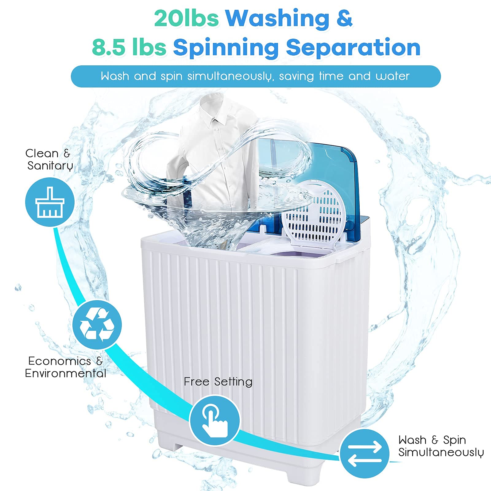COSTWAY Portable Washing Machine, Twin Tub 28.5Lbs Capacity, Washer(20Lbs) and Spinner(8.5Lbs), Laundry Machine with Control Knobs, Timer Function, Drain Pump, Compact washer for Apartment, RV (Blue)
