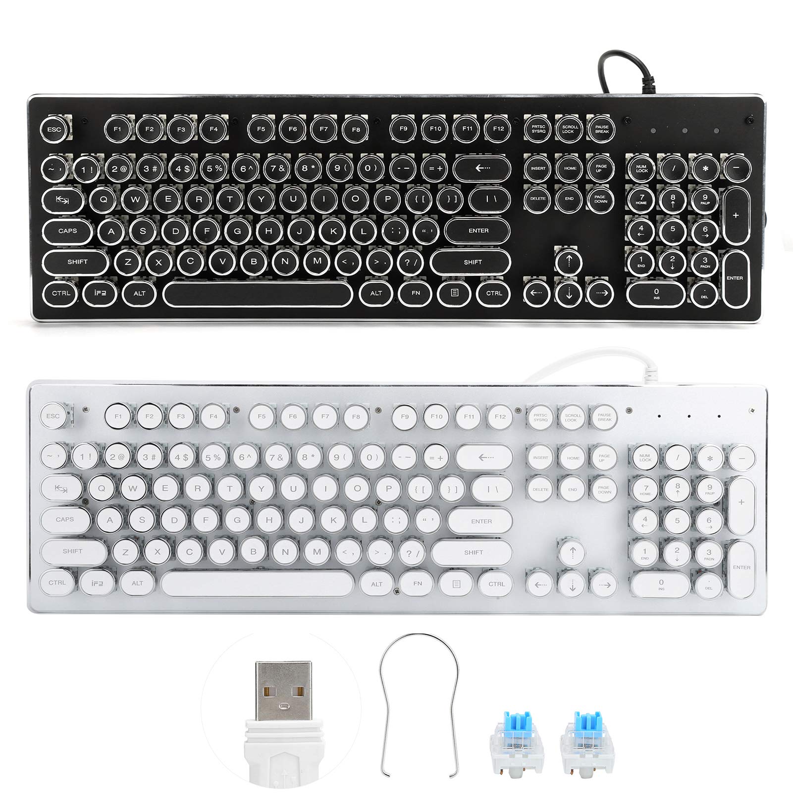 Computer Gaming Keyboard Retro Wired Gaming Mechanical Keyboard Key Portable Keyboard Click with 104 Keys Mixed Light Ergonomic Design Gaming Keyboard(White)