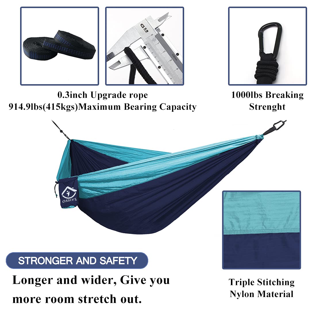 Camping Hammock Double with 2 Tree Straps Made of Portable Lightweight Nylon Parachute for Backpacking,Travel,Beach,Yard and Outdoor Survival (NavyBlue-Blue)
