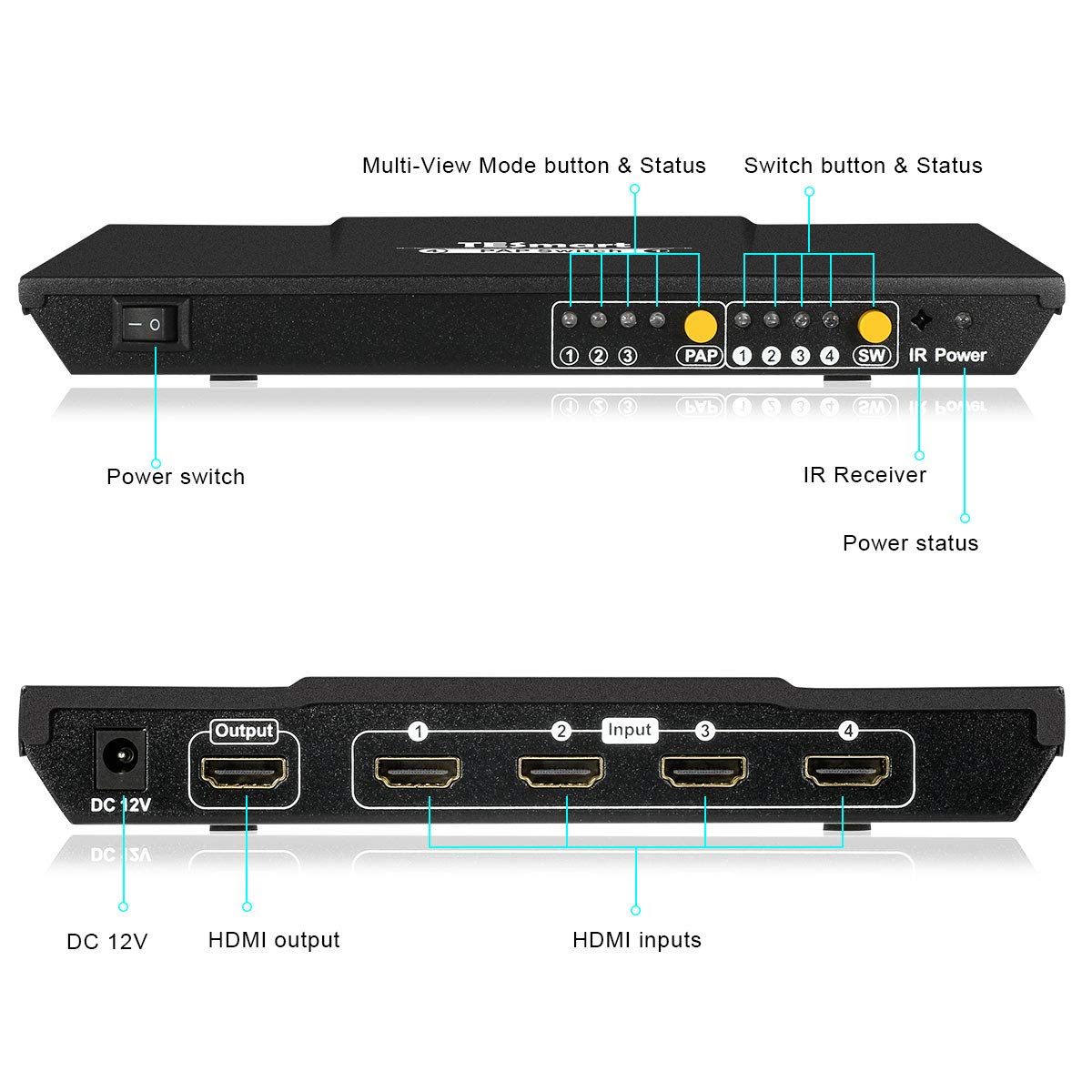 TESmart HDMI Switch 4X1 Quad Screen Multi-Viewer Splitter Seamless Switcher with 5 Display Modes IR Remote, Support 1080P@60Hz 4 in 1 Out(Black)
