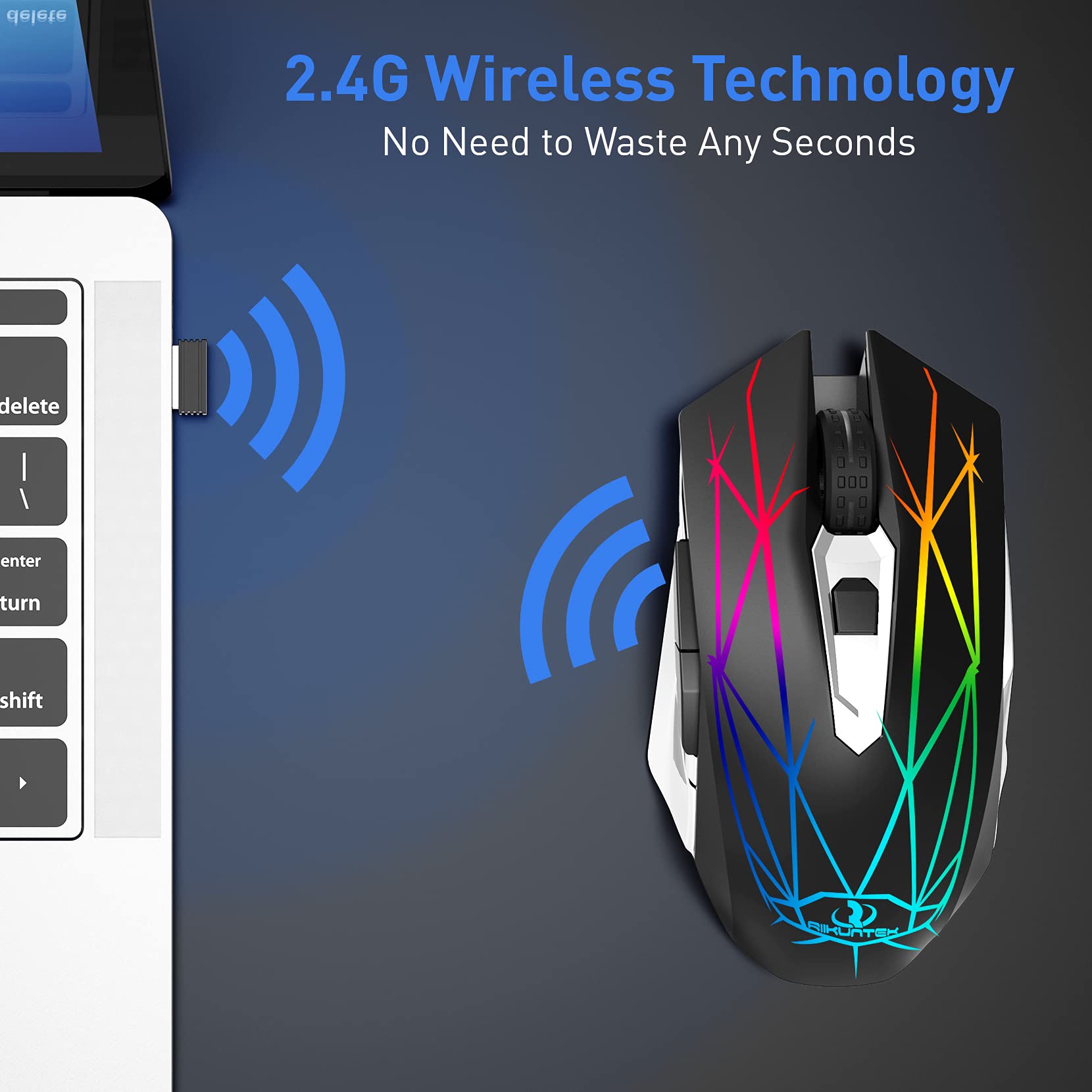 RIIKUNTEK Wireless Gaming Mouse, Computer Mouse Rechargeable with 3 Adjustable DPI, Silent Click, USB Receiver, LED Lights, 2.4GHz Portable Ergonomic RGB Optical Gamer Mice Mouse for Laptop PC Black