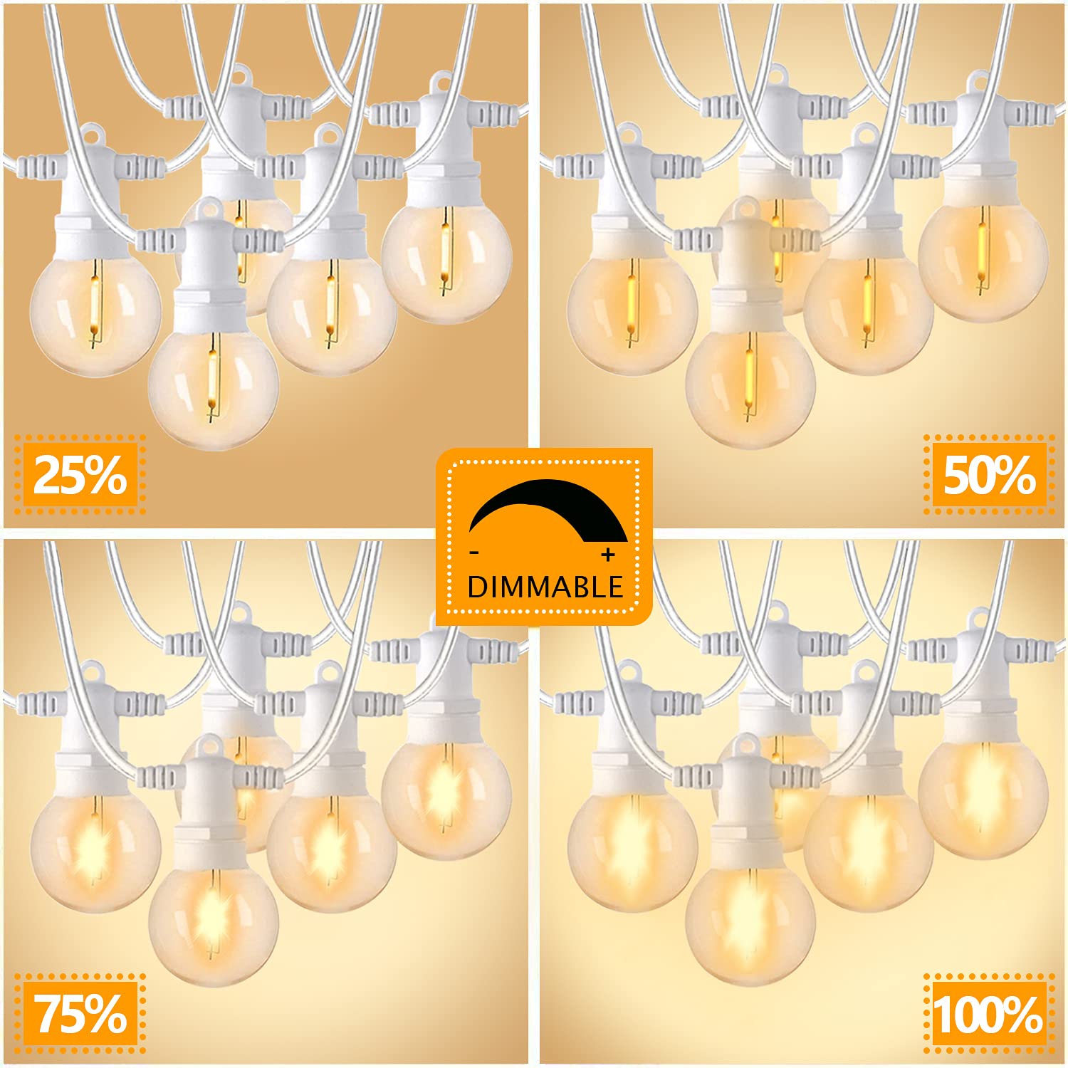 WOOLZ 50FT Led Outdoor Patio Lights with 24+1(Spare) 1W Dimmable Shatterproof G40 Bulbs, Waterproof Outdoor String Lights for Garden, Bistro, Cafe, Pergola and Porch.
