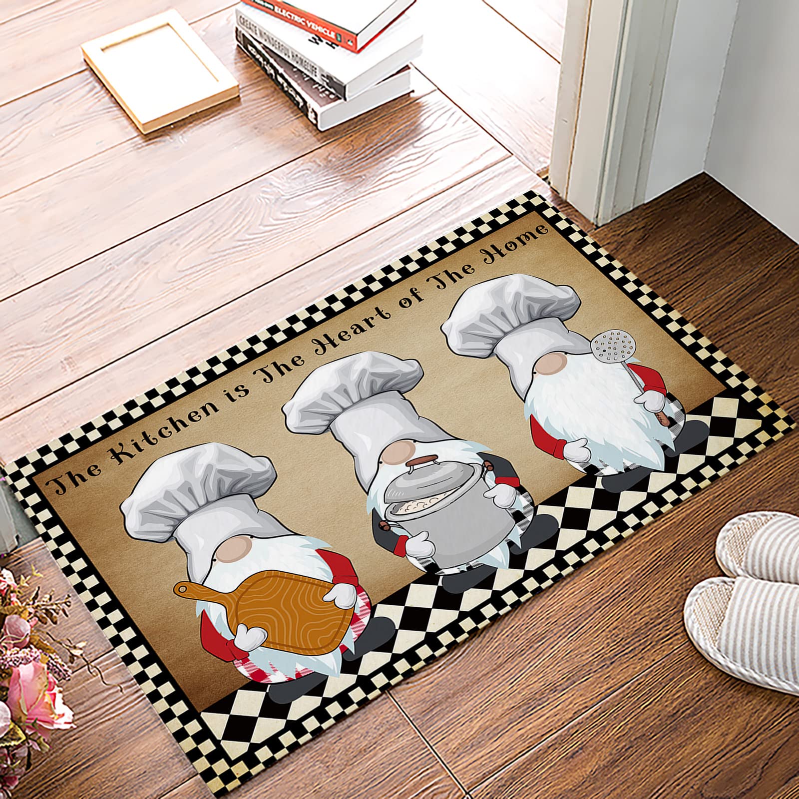 Cute Chef Gnomes Indoor Doormat Bath Rugs Non Slip, Washable Cover Floor Rug Absorbent Carpets Floor Mat Home Decor for Kitchen Bedroom Funny Chef Cook Checkered Plaid Black White Brown (16x24)