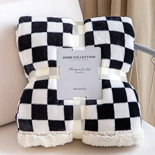 LOMAO Sherpa Throw Blanket Fleece Blanket with Checkered Pattern Soft Thick Blanket for Couch, Bed, Sofa Luxurious Warm and Cozy for All Seasons (Black, 51"x63")