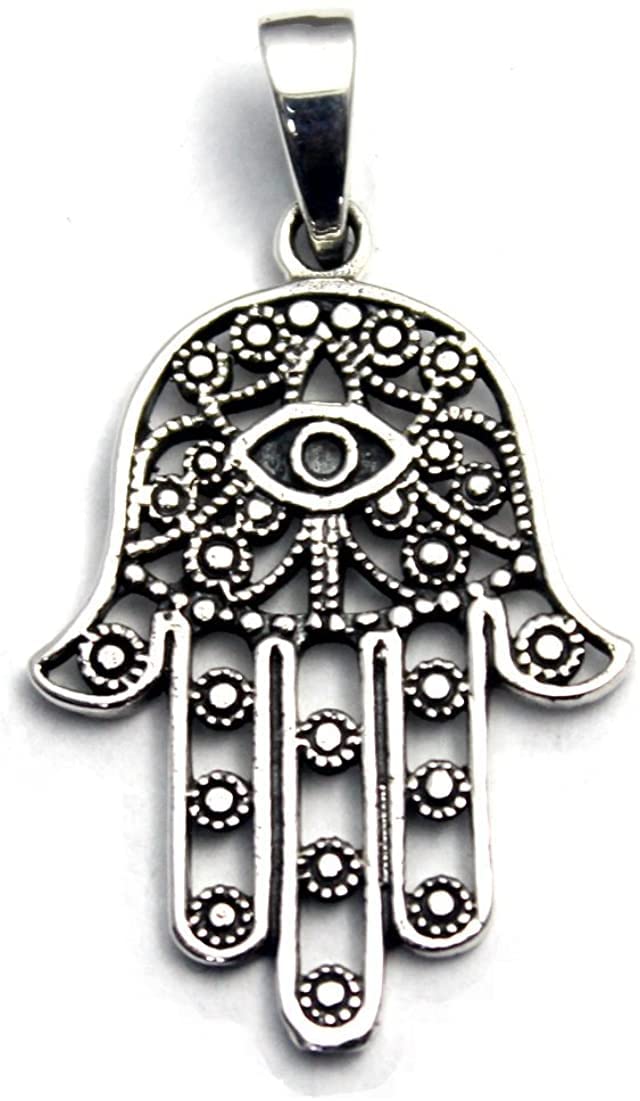 COSUMOSU 925 sterling silver Hamsa Hand of Fatima Evil eye Good Luck Amulet Pendant (Hand B)