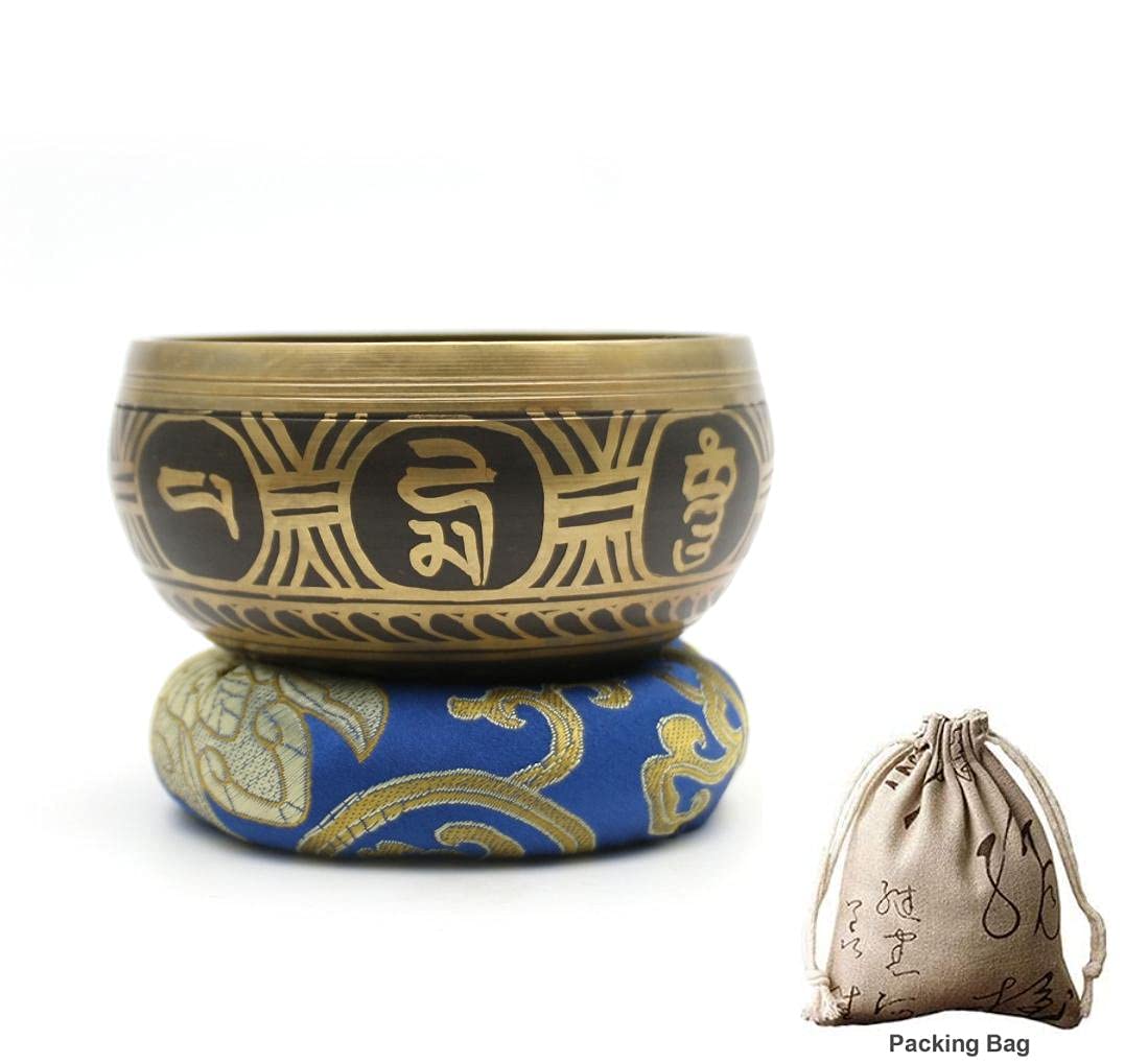 Tibetan Singing Bowl Set (3.74 inch) with Meditation Singing Bowl, Tingsha Cymbals for Healing, Yoga, Meditation, Mindfulness and Relaxation(Antique Light Brown 004)