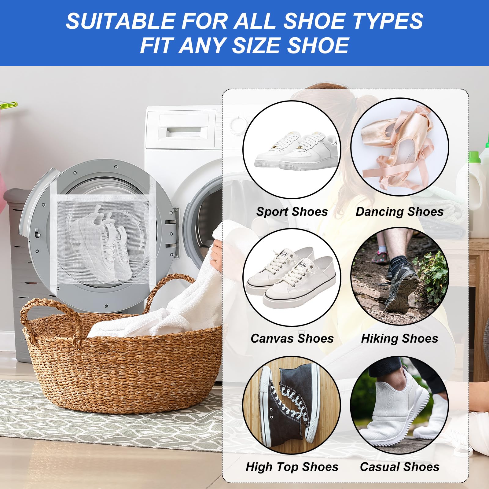 DAJISI Shoe Washing Machine Bag, Large 15.7inch Mesh Laundry Bag for Shoe Reusable Sneaker Cleaning Bag with Adjustable Strap for Shoes Clothes Washer & Dryer (White)