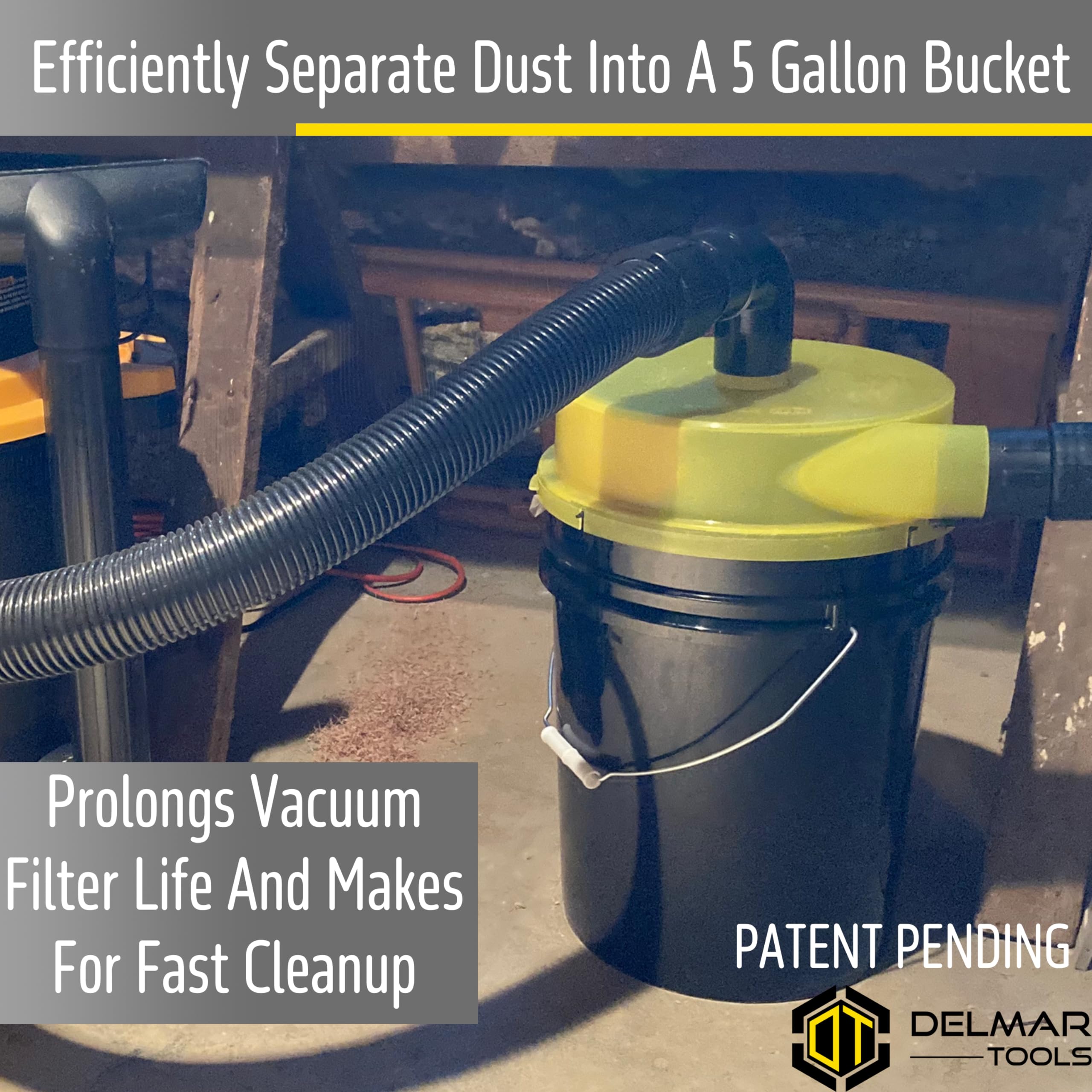 Delmar Tools Patent Pending Shop Vacuum Dust Separator, 99% Separating Efficiency, Included 90° Adapter and Hose Unlike Competitor Versions, Attaches to 5 Gallon Buckets in Seconds, Maximum Suction