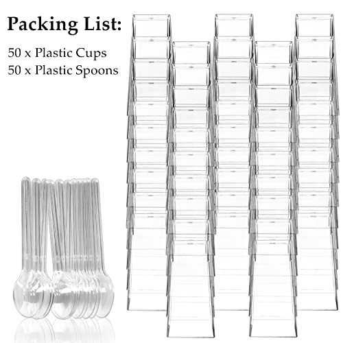 TOFLEN 50 Pack 3 oz Mini Dessert Cups with Spoons, Square Tall Clear Plastic Dessert Shooters Party Serving Tumbler Cups for Parfait Appetizers & Dessert Shot Glasses