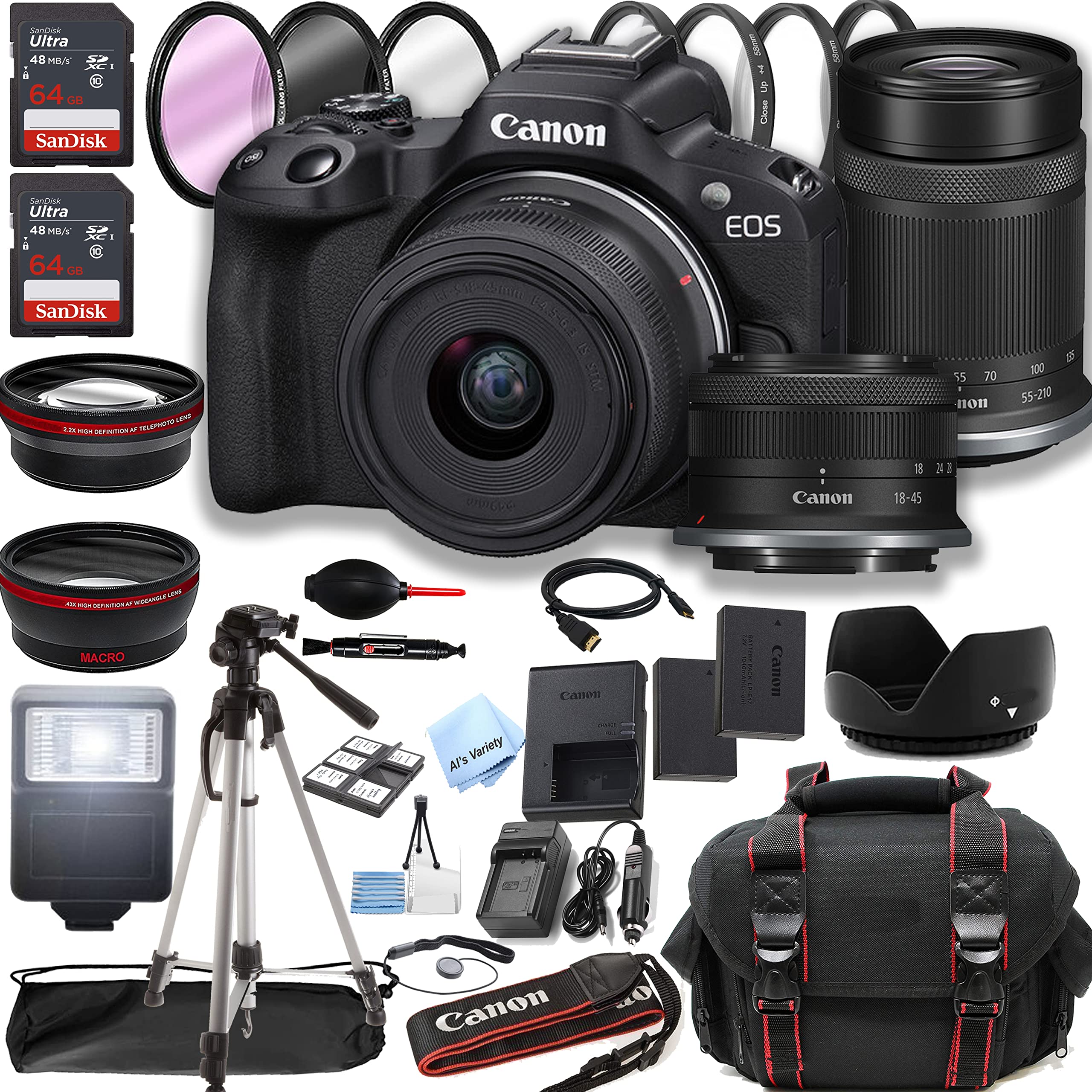 Canon EOS R50 Mirrorless Camera with 18-45mm and 55-210mm Lenses + 128GB Memory + Case + Tripod + Filters (40pc Bundle)