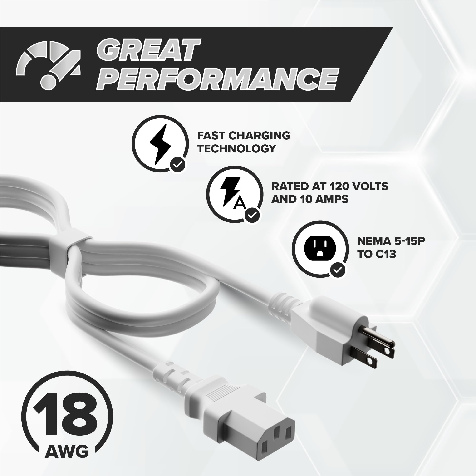 THE CIMPLE CO 6 Feet, White - 3 Prong AC Power Cable for Computer, Medical, Server, & Desktop - C13 Power Supply Cord - NEMA 5-15P to C13 / IEC 320 - (1.8 Meter)