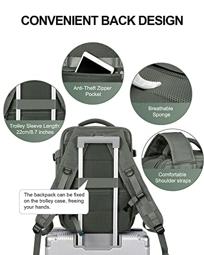 Carry On Backpack for Women, Large Travel Backpack Flight Approved, Waterproof 17 Inch Laptop Backpack Business Work Backpacks Men Mochila De Viaje, DarkGreen